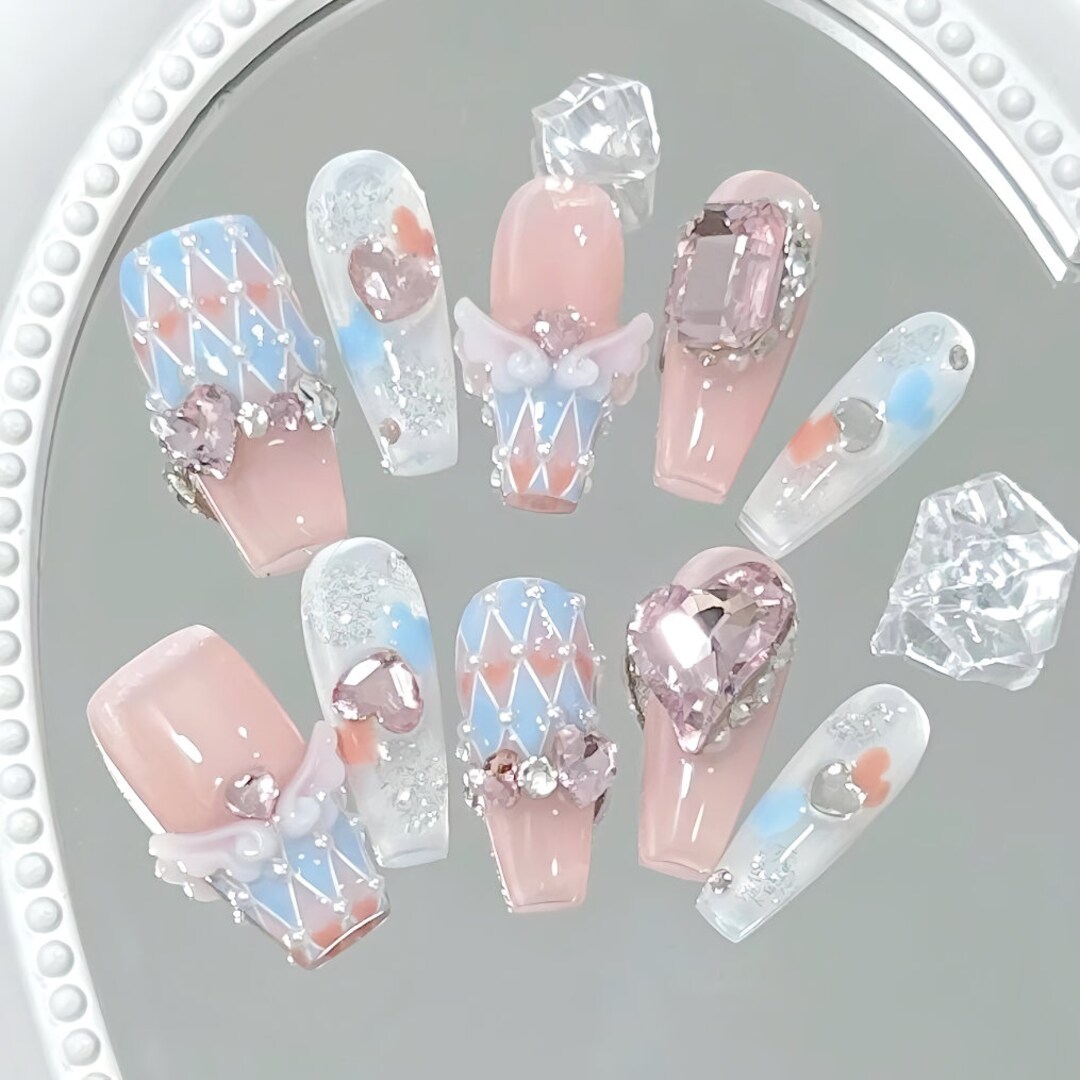 Handmade Lovely Angel Wings Press on Nails Kawaii Nails Pink Blue ...