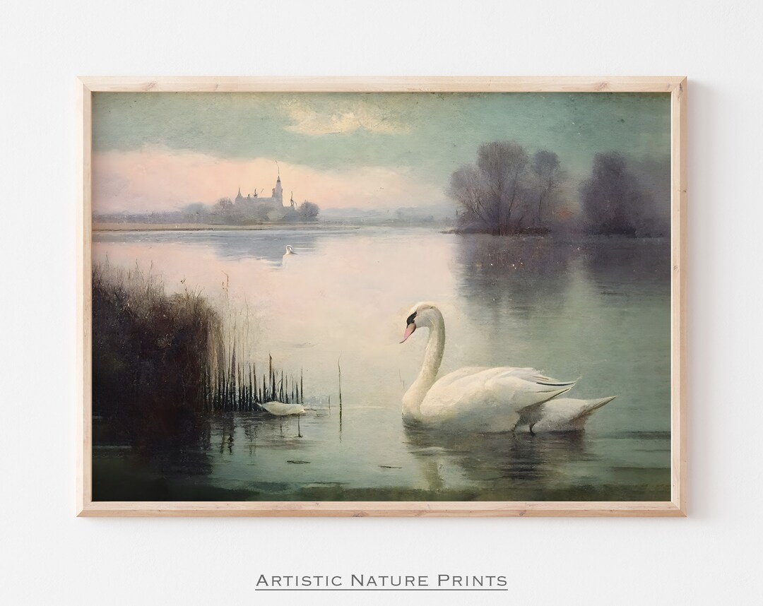 Swan Art Print, Spring Moody Swan Painting Art Download, Vintage ...