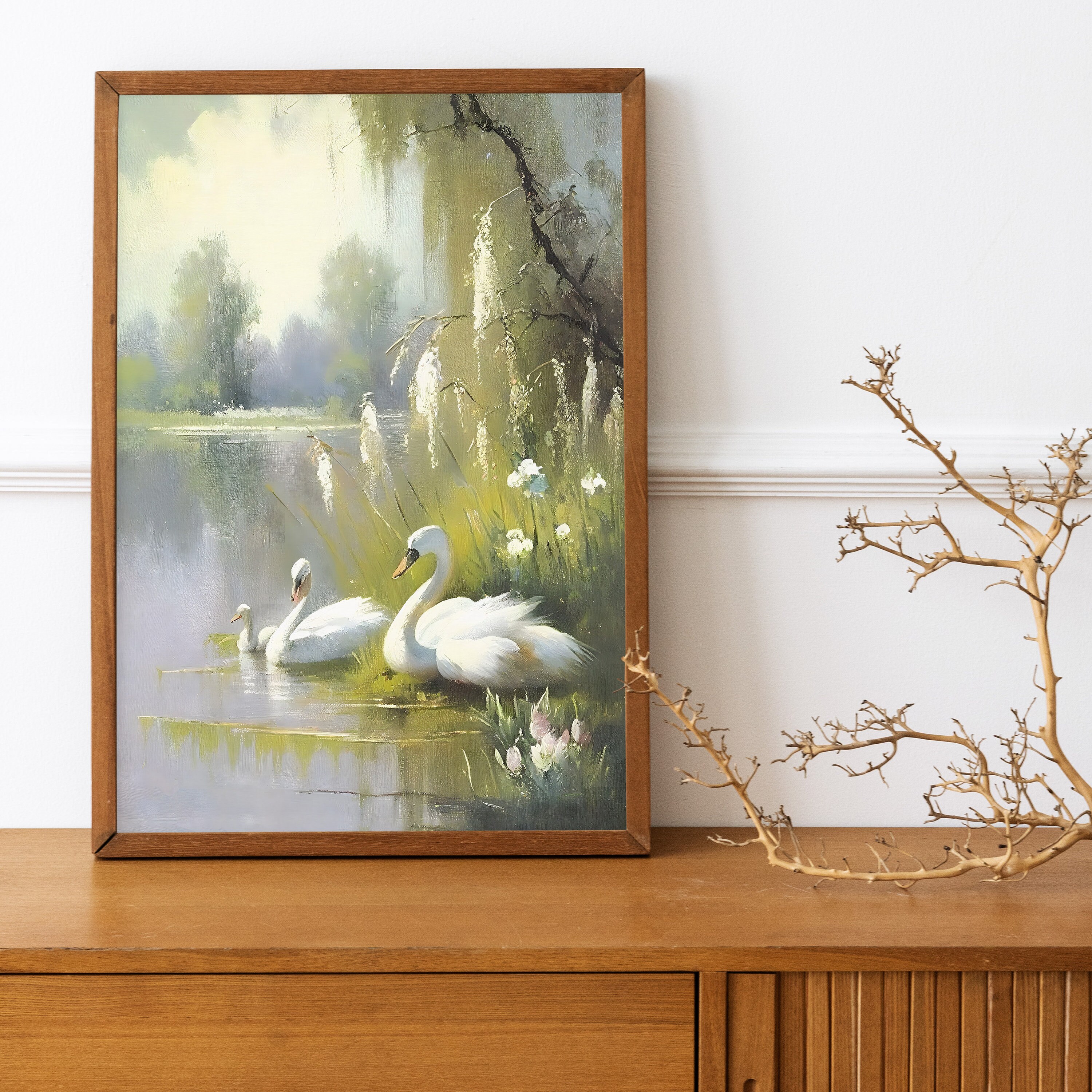 Swan Art Print, Spring Moody Swan Painting Art Download, Vintage ...