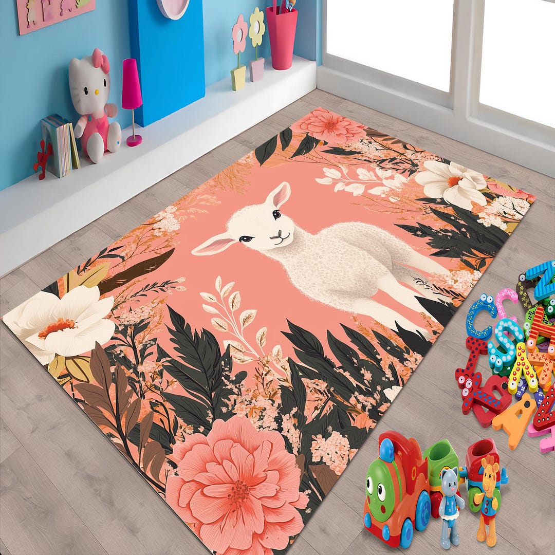 Lamb Themed Rug, Lamb Pattern Rug, Kids Room Rug, Lamb Rug, Flower Rug ...