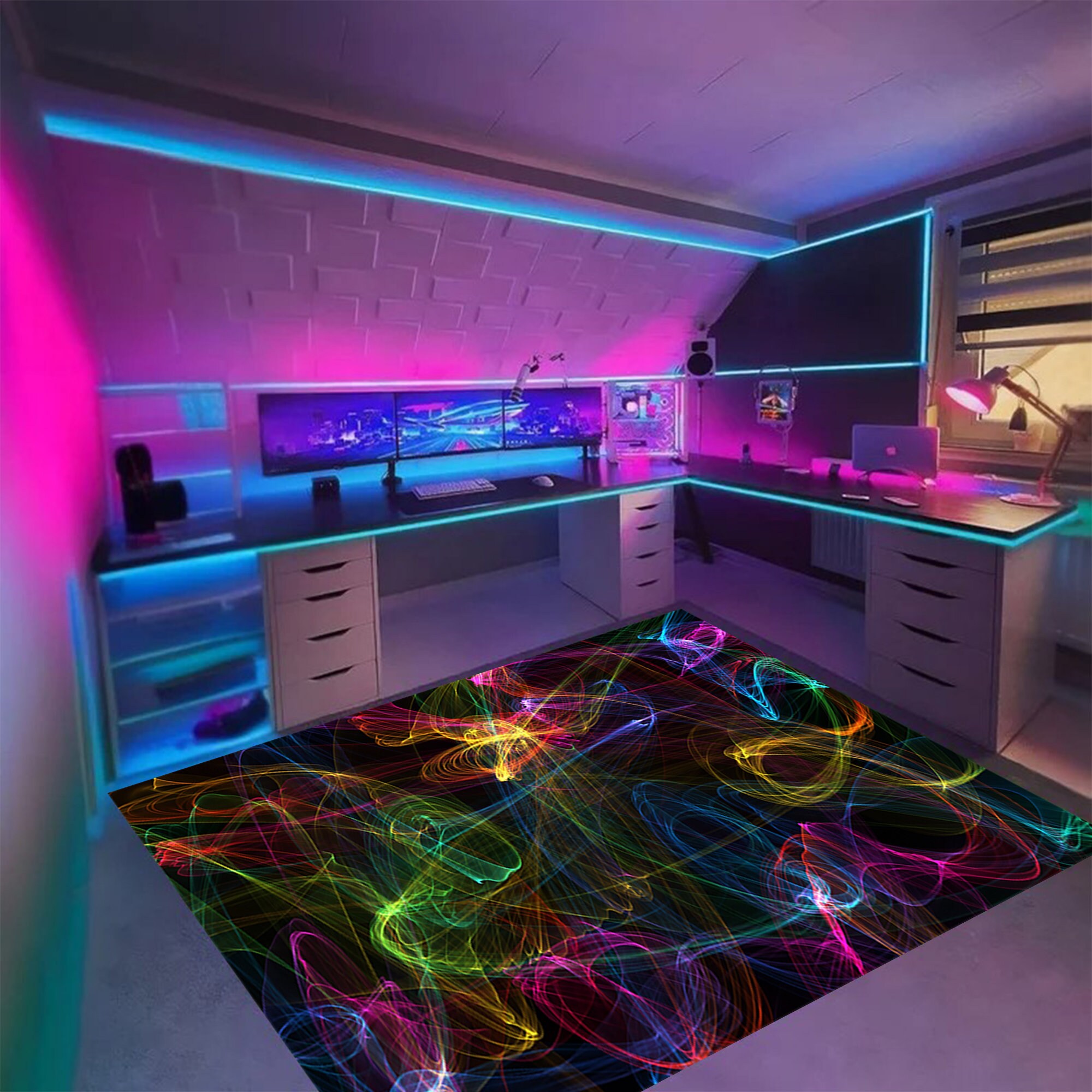 Neon Rug, Neon Pattern Rug, Neon Lines, Cool Rug, Gaming Illusion Rug ...