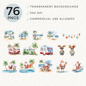 Tropical Beach Christmas Clipart Mega Bundle, Xmas PNG, Surfing Santa ...