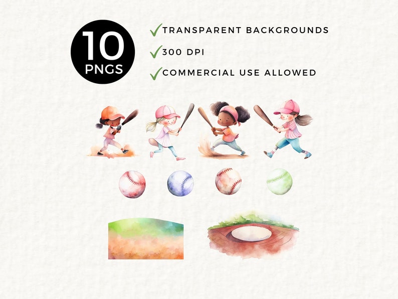 Baseball Watercolor Clipart, Girls Baseball PNG, Kids Playing Softball ...