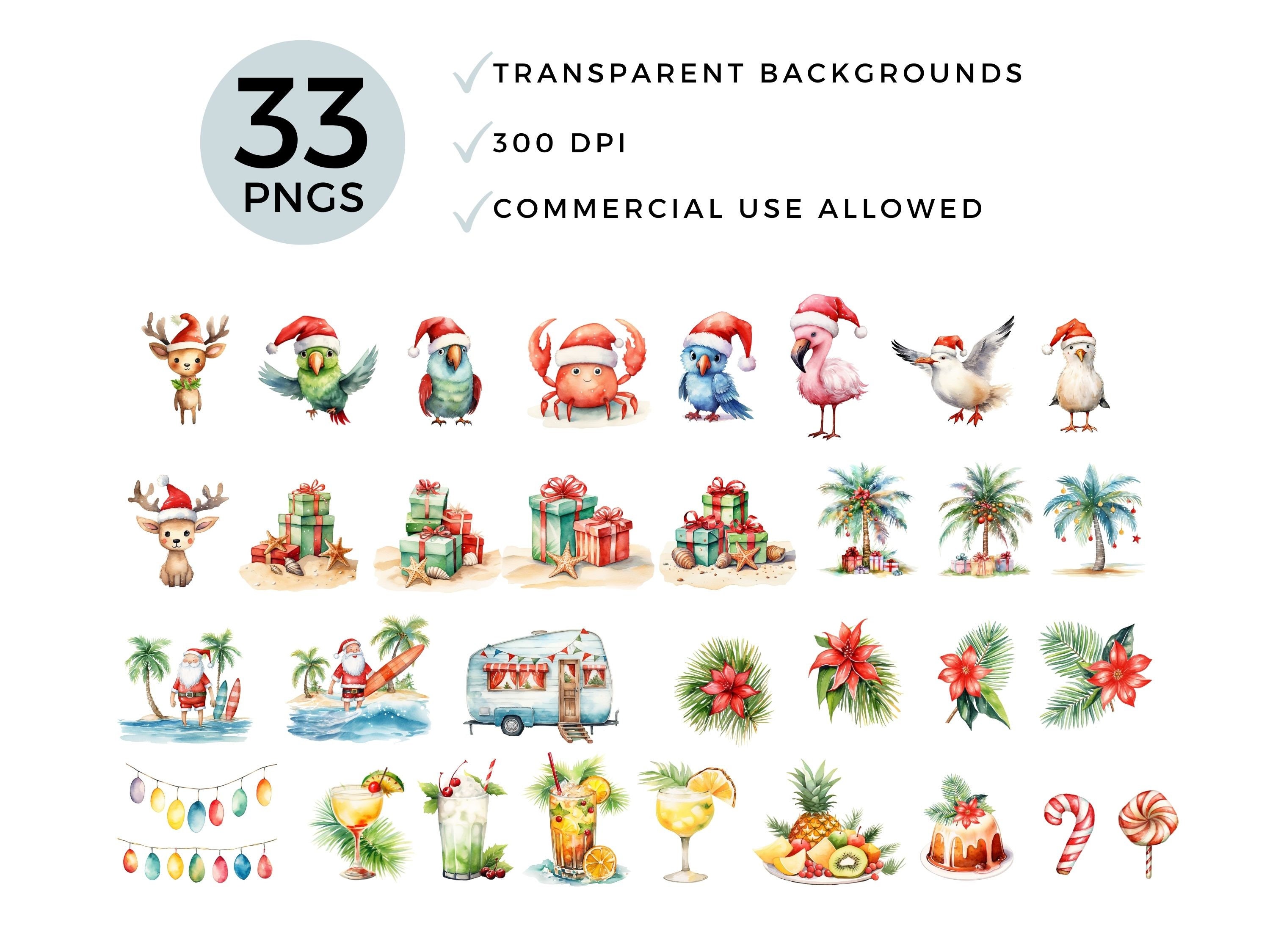 Beach Christmas Clipart, Summer, Tropical Xmas PNG, Flamingo Santa Hat, Christmas in July, Fairy ...