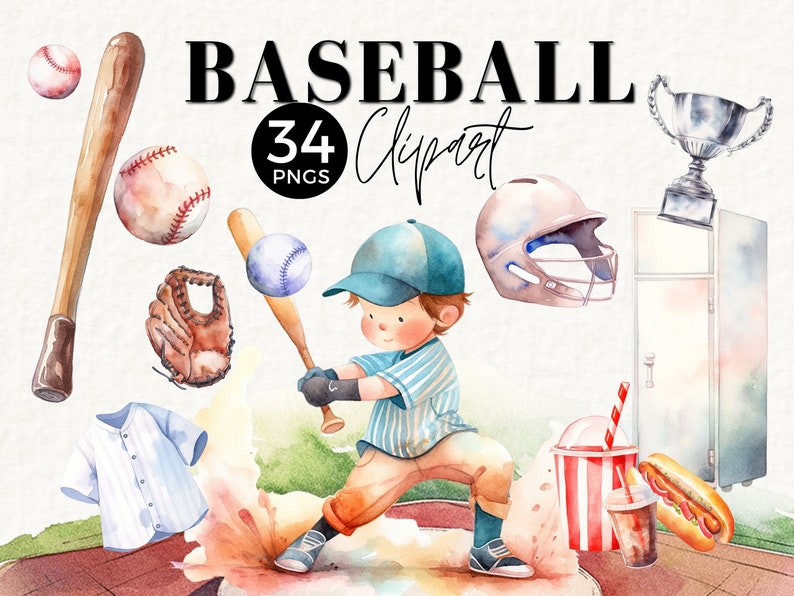 Baseball Watercolor Clipart Bundle, Kids Playing Baseball, Transparent ...