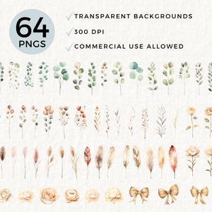 Wild Flower Border Clipart, Boho Rustic Elements, Feather, Pampas Grass ...
