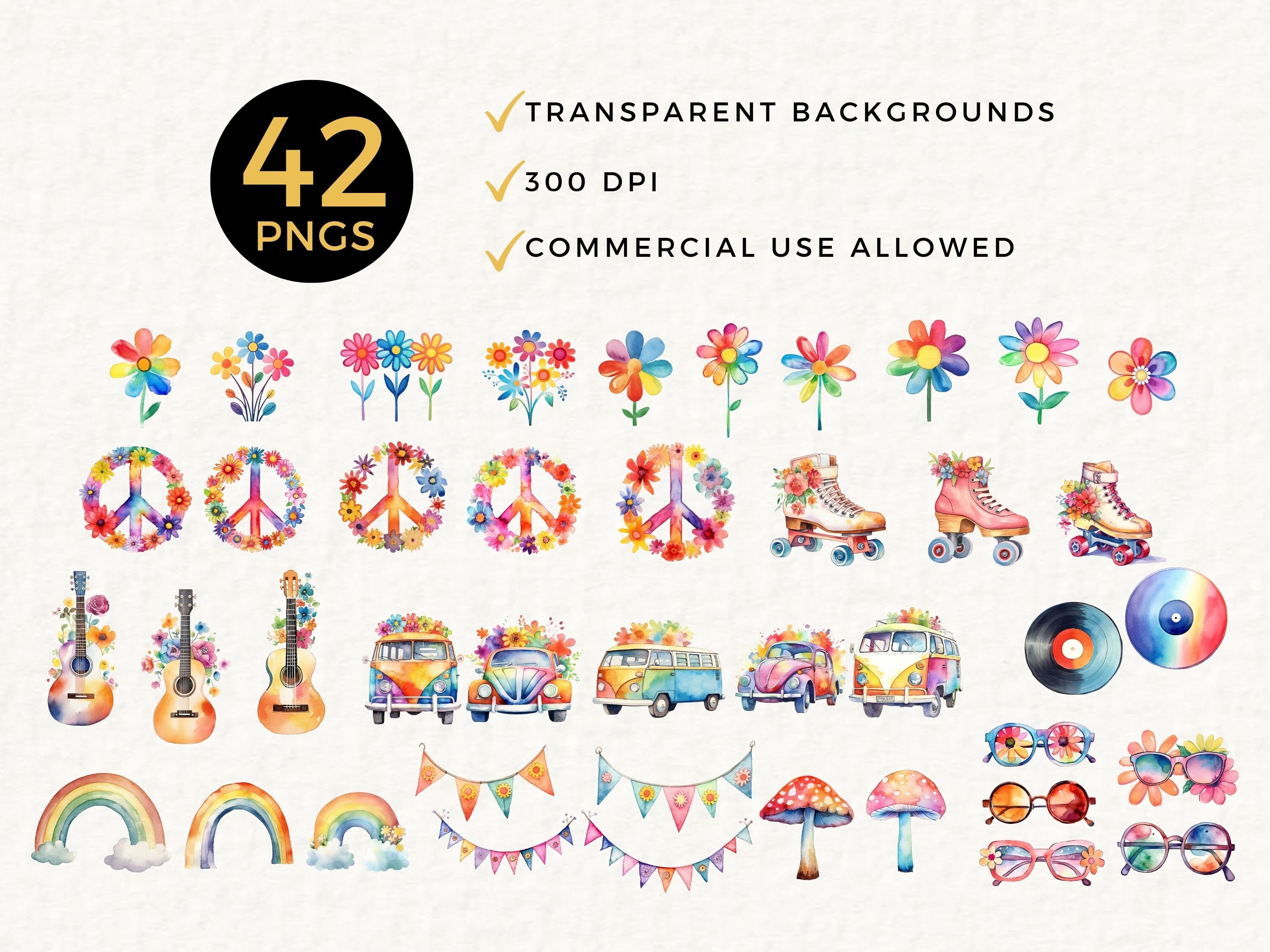 Retro Groovy Vibes Digital Clipart Bundle, Retro Flower Clipart, Daisy ...