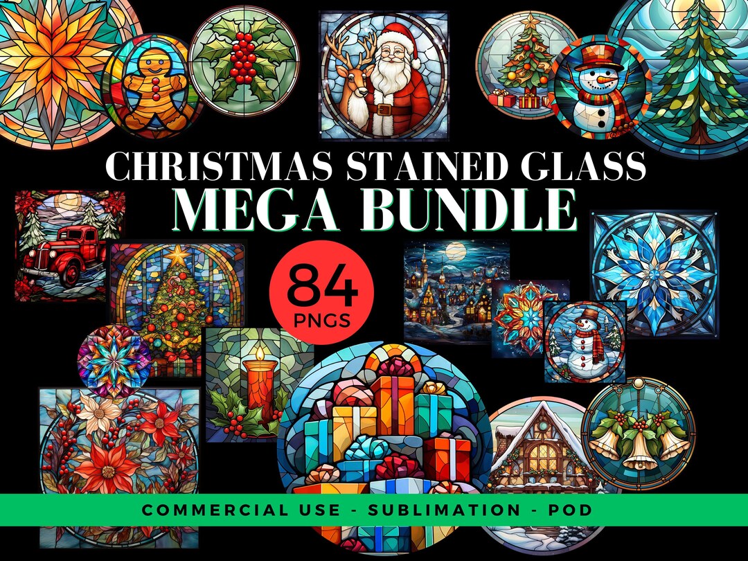 Christmas Stained Glass Clipart BUNDLE, Winter Decoration, Santa PNG ...