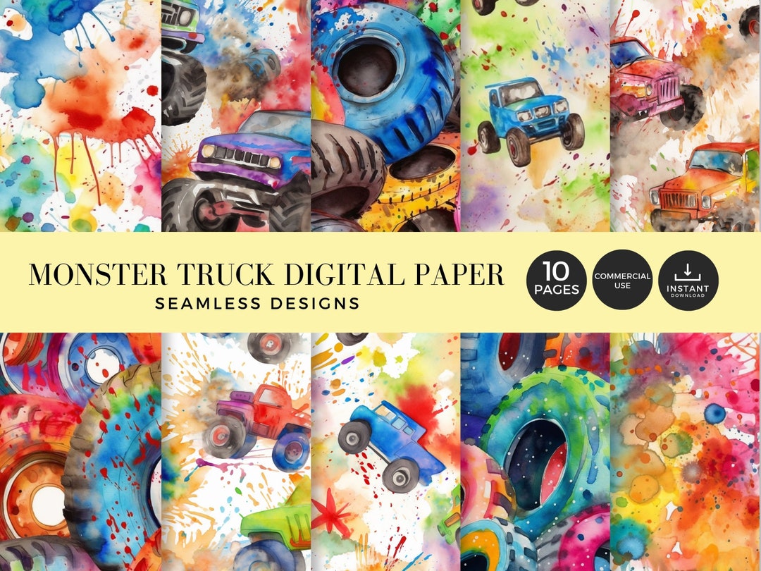 Monster Truck Digital Paper 10 Pack, Seamless, Commercial Use, Use for ...