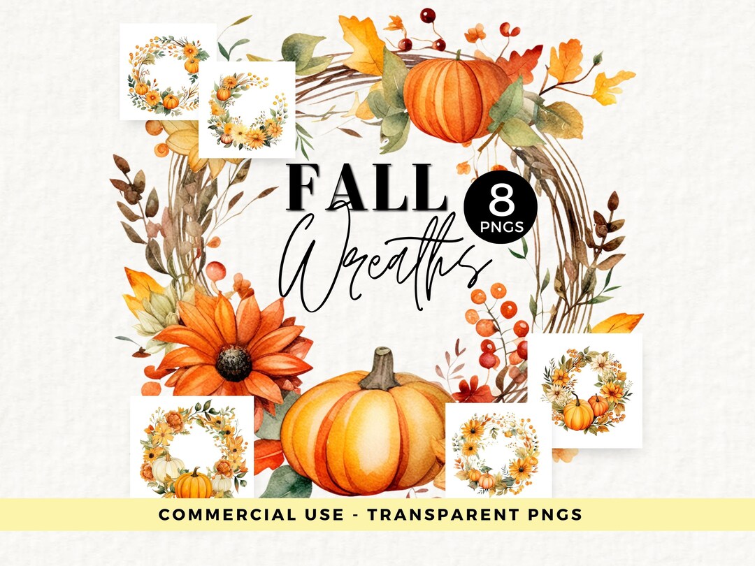 Floral Autumn Wreath Clipart, Fall Pumpkin PNG, Boho Flower, Commercial ...