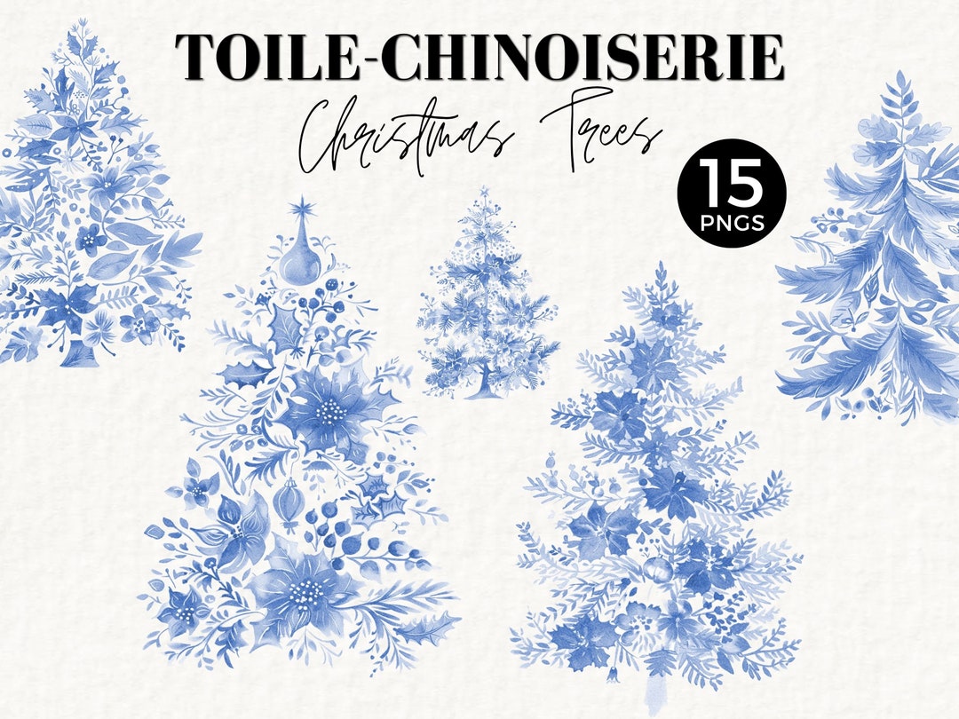 Christmas Toile Clipart, Blue Chinoiserie Xmas Tree, Tag Illustration ...