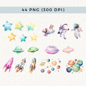 Outer Space Clipart, Little Astronaut Watercolor, Rocket Ship, Moon ...