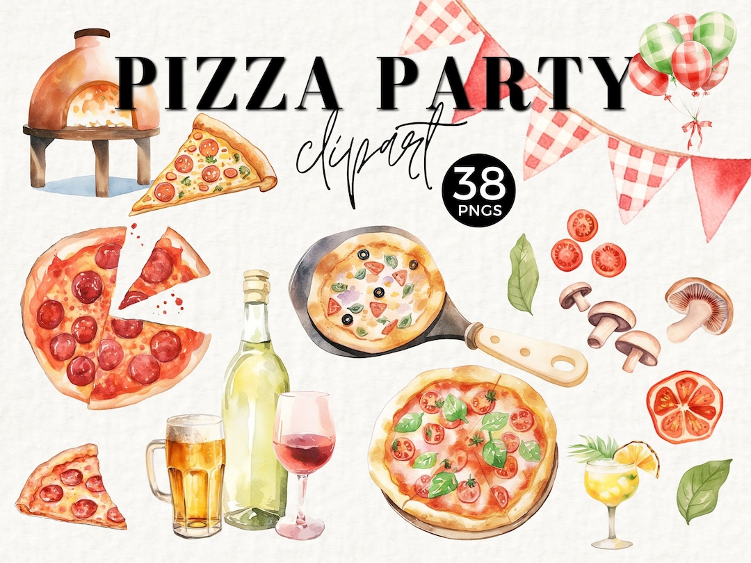 Pizza Party Clipart, Pizza Slice, Pizza Toppings, Italian Chef, Gingham ...
