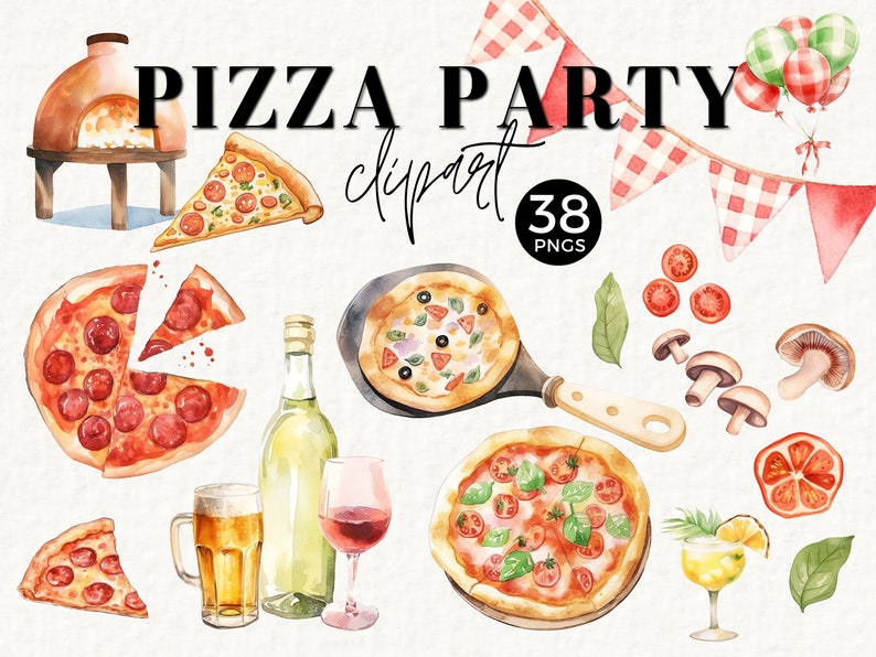 Pizza Party Clipart, Pizza Slice, Pizza Toppings, Italian Chef, Gingham ...