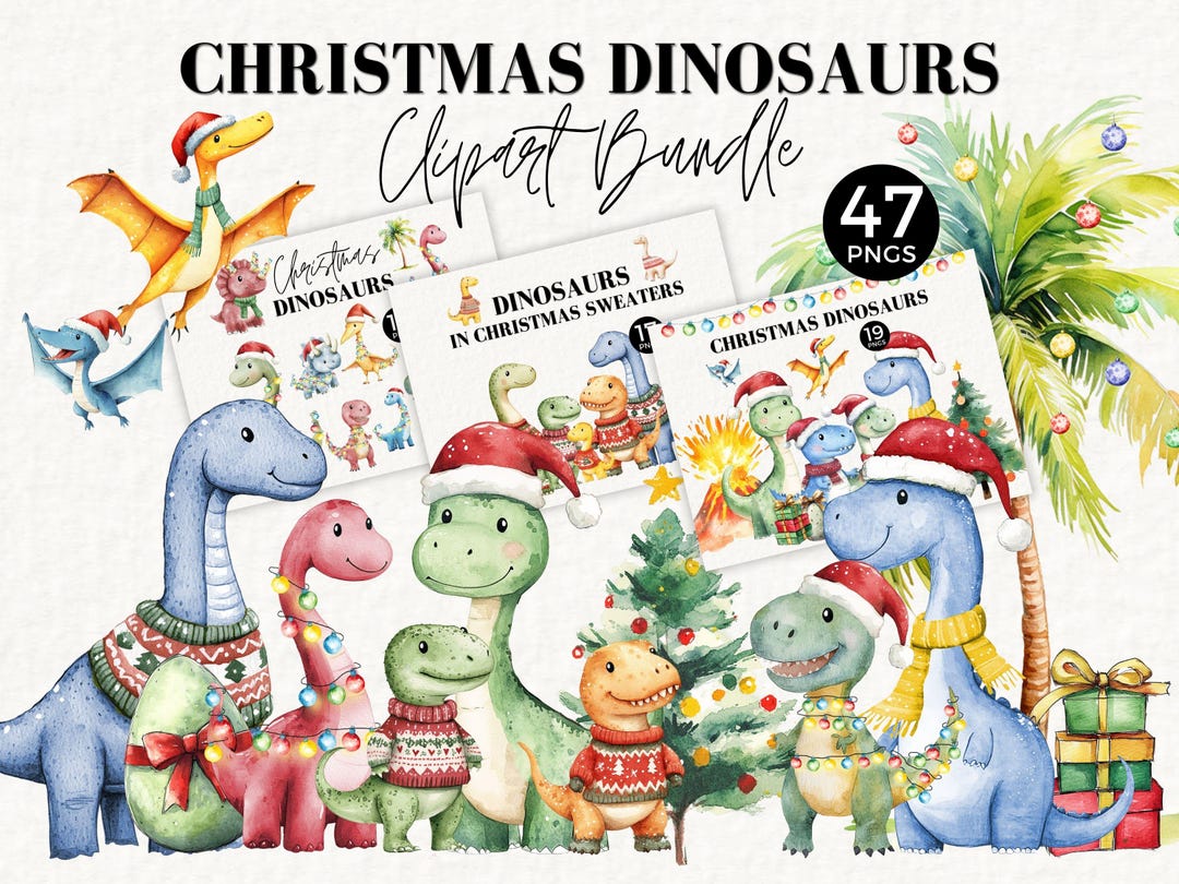 Christmas Dinosaur Clipart Bundle, Watercolor Clip Art, Commercial Use ...
