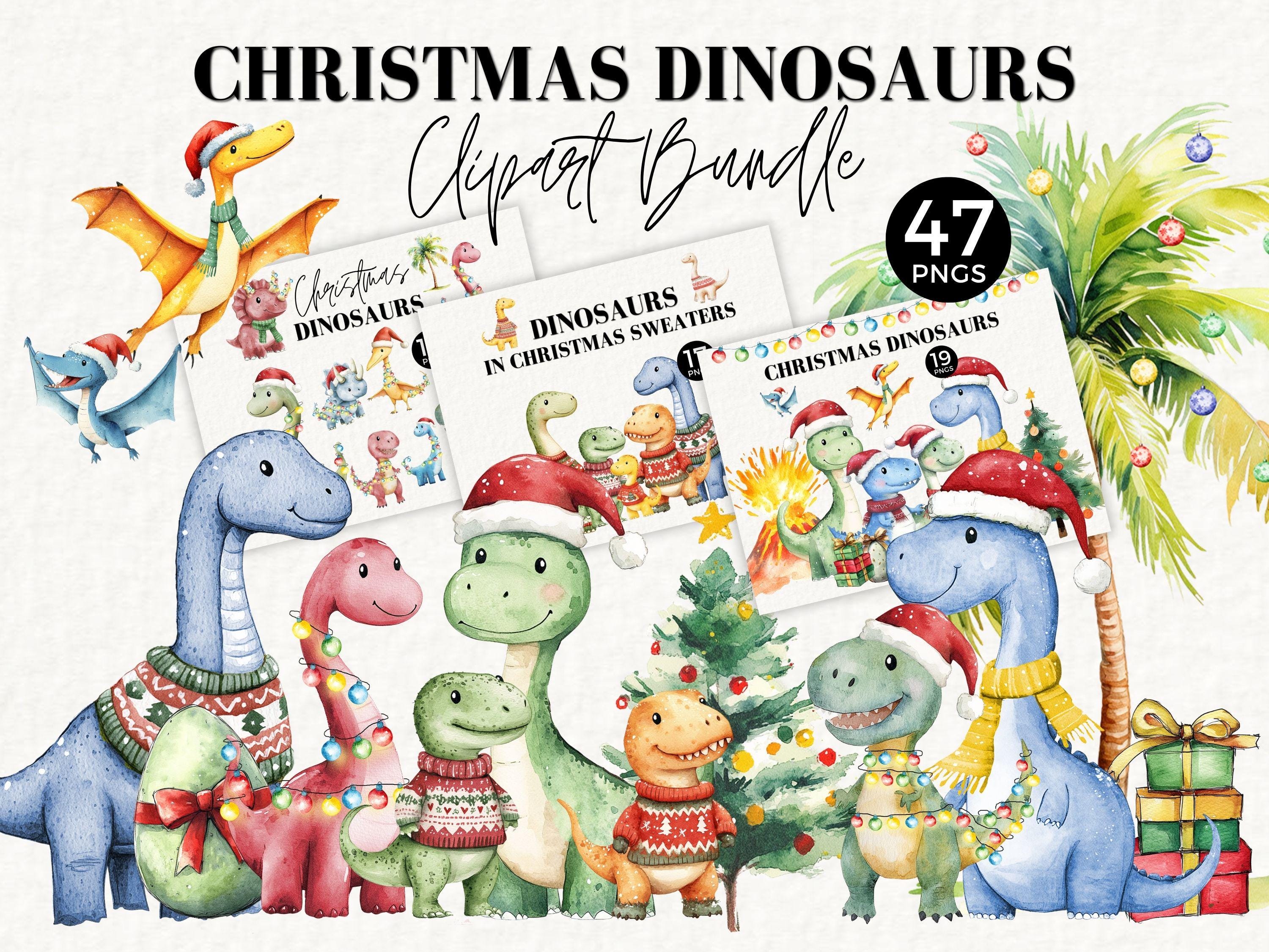 Christmas Dinosaur Clipart Bundle, Watercolor Clip Art, Commercial Use ...