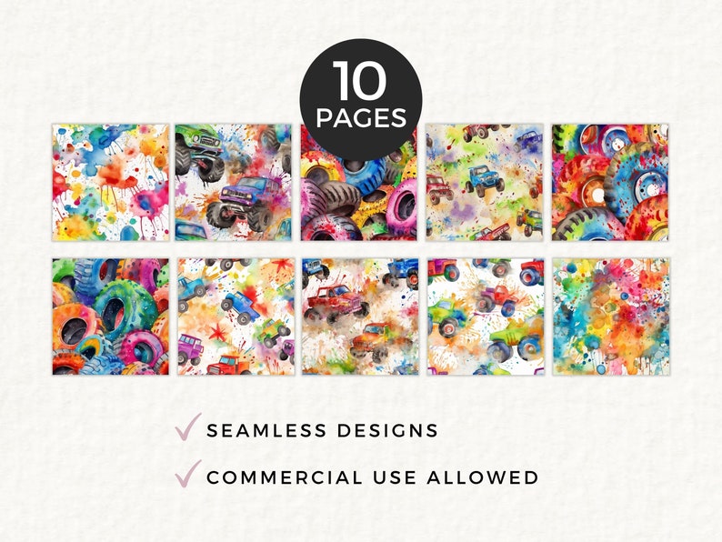 Monster Truck Digital Paper 10 Pack, Seamless, Commercial Use, Use for ...