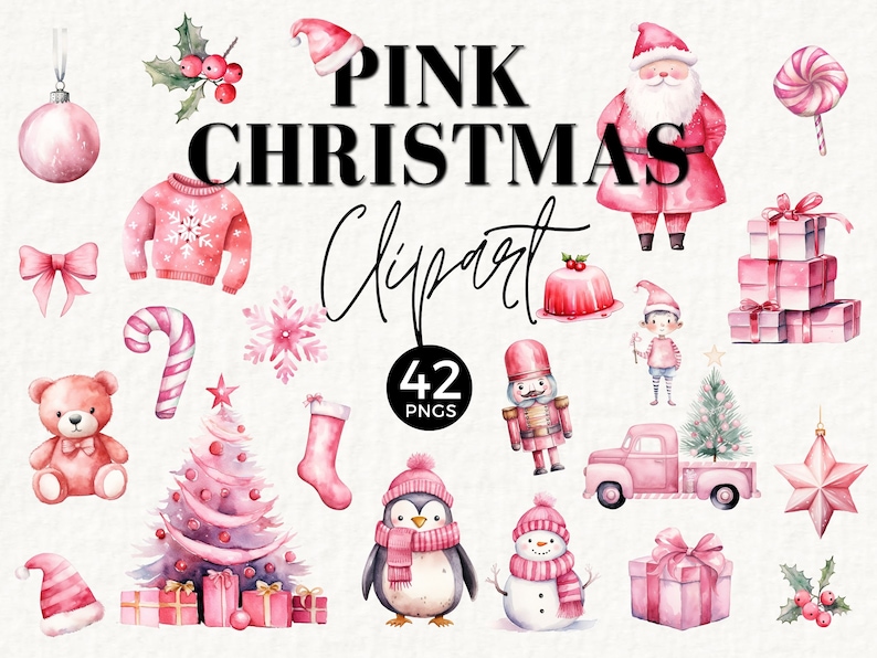 Pink Christmas PNG Bundle 2, Cute Xmas Christmas Clipart, Pink Santa ...