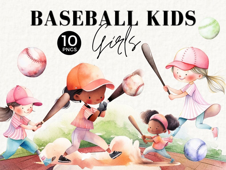 Baseball Watercolor Clipart, Girls Baseball PNG, Kids Playing Softball ...