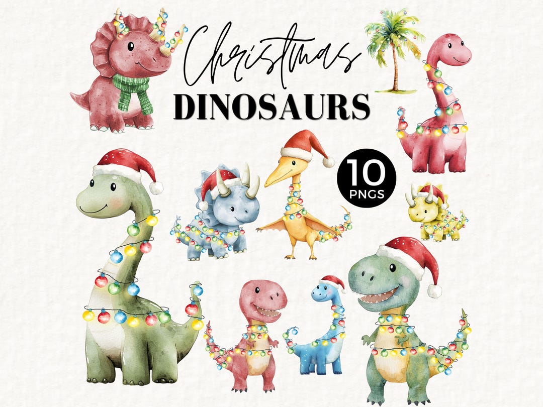 Christmas Dinosaur Clipart, Cute PNG, Wrapped Xmas Lights, Watercolor ...