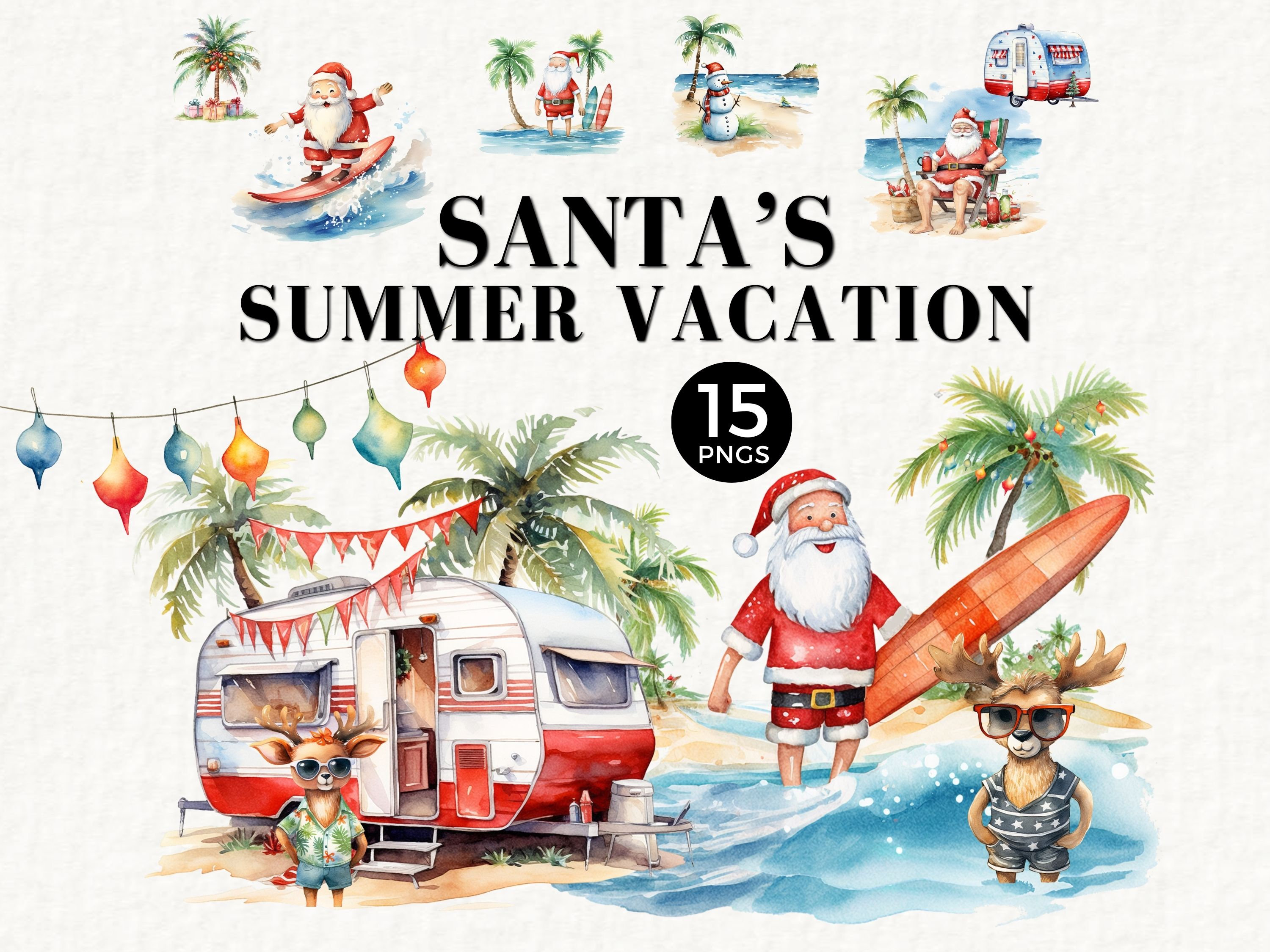 Santa on the Beach Clipart, Christmas in July, Summer, Tropical Xmas ...