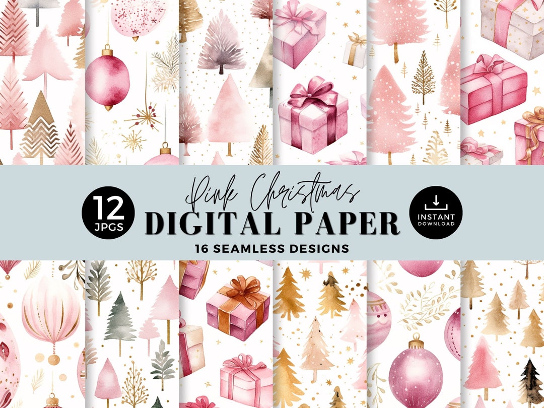 Pink Christmas Digital Papers, Seamless, Retro Xmas, Christmas Tree ...