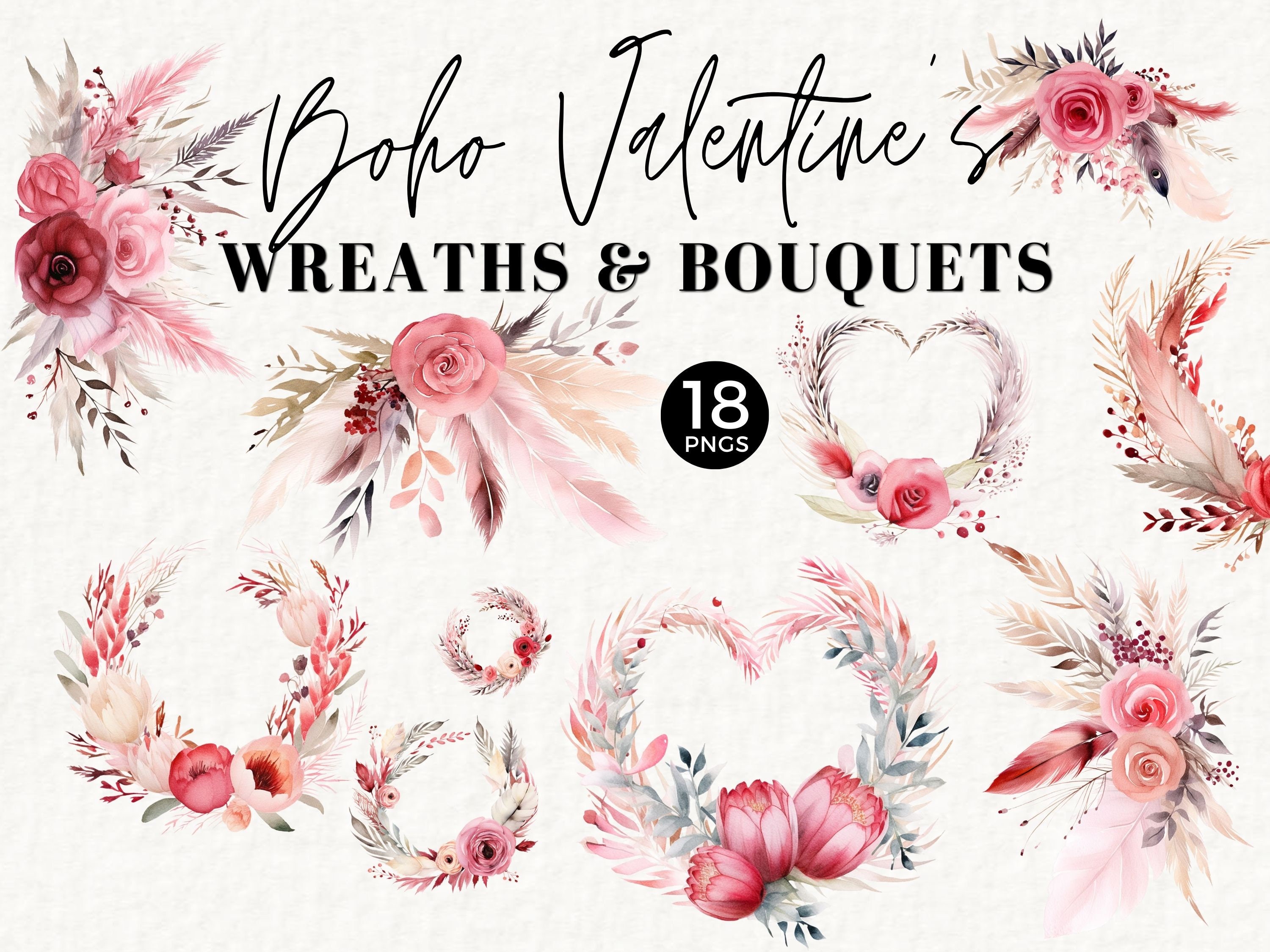 Valentine Heart Wreath Clipart and Bouquets, Boho Floral Arrangement ...