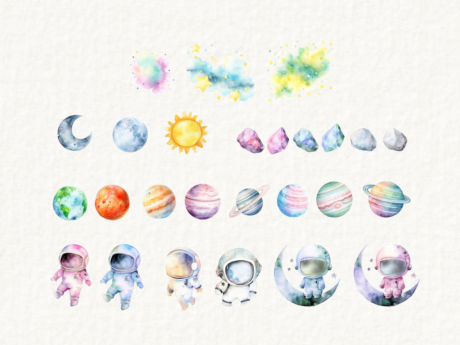 Outer Space Clipart, Little Astronaut Watercolor, Rocket Ship, Moon ...