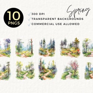 Forest Path Watercolor Clipart, Spring Landscape, 10 Transparent Pngs ...
