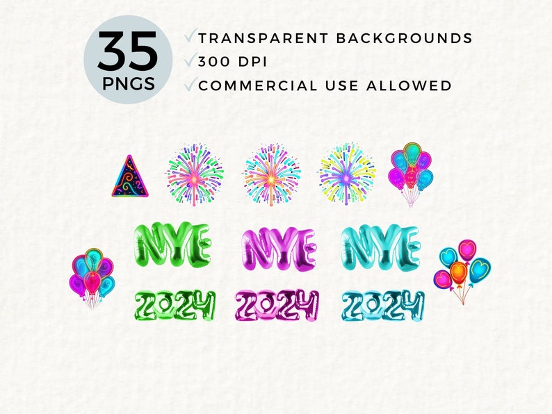 Neon New Years Eve Clipart, 2024, Glow PNG, Foil Balloon Letters, Lumo ...