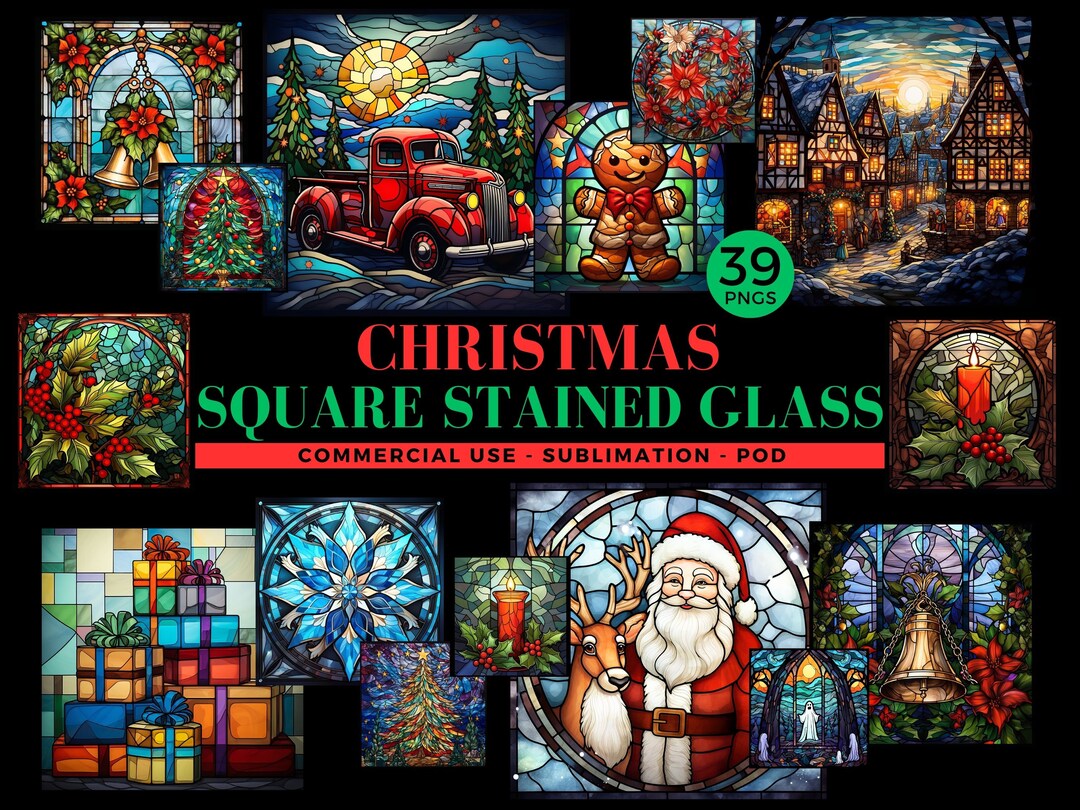 Christmas Stained Glass Clipart, Square Tumbler Wrap, Christmas Santa ...