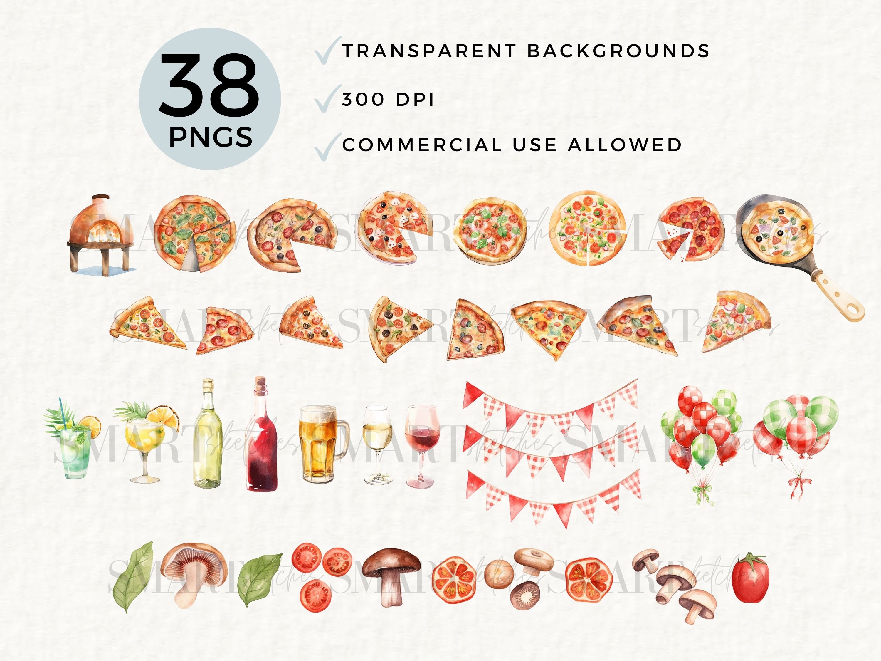 Pizza Party Clipart, Pizza Slice, Pizza Toppings, Italian Chef, Gingham ...