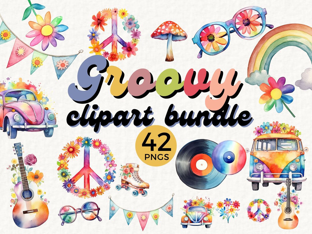 Retro Groovy Vibes Digital Clipart Bundle, Retro Flower Clipart, Daisy ...