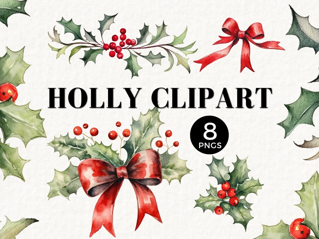 Holly Watercolor Christmas Clipart, Red Berry PNG, Elegant, Classic ...