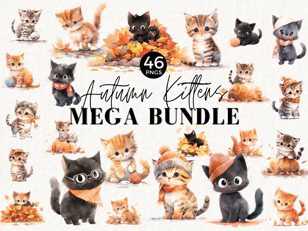 Fall Cat Clipart Mega Bundle, Kitten, Black Cat Halloween, Cosy Fall ...