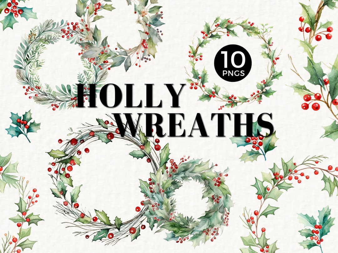 Holly Watercolor Christmas Wreath Clipart, Ivy Wreath PNG, Elegant ...
