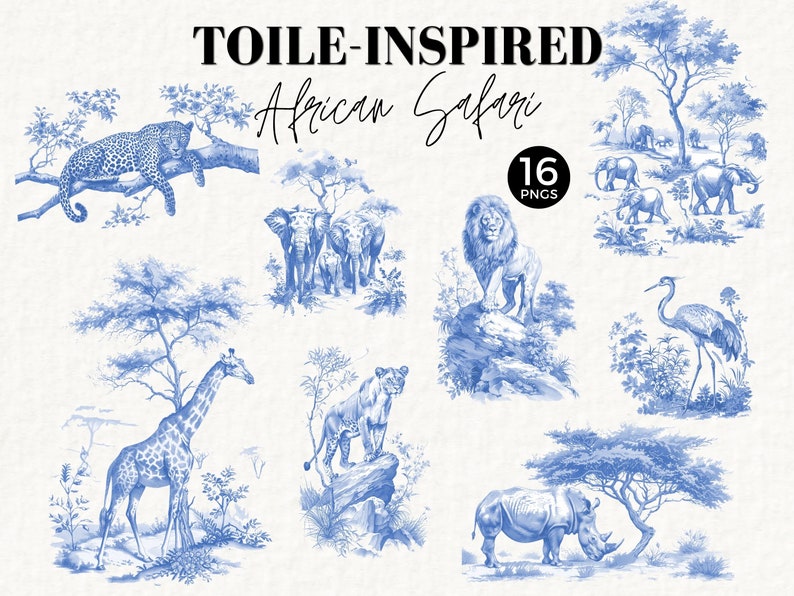 Blue Toile Clipart, Safari Scenes, Toile De Jouy PNG, Chinoiserie ...