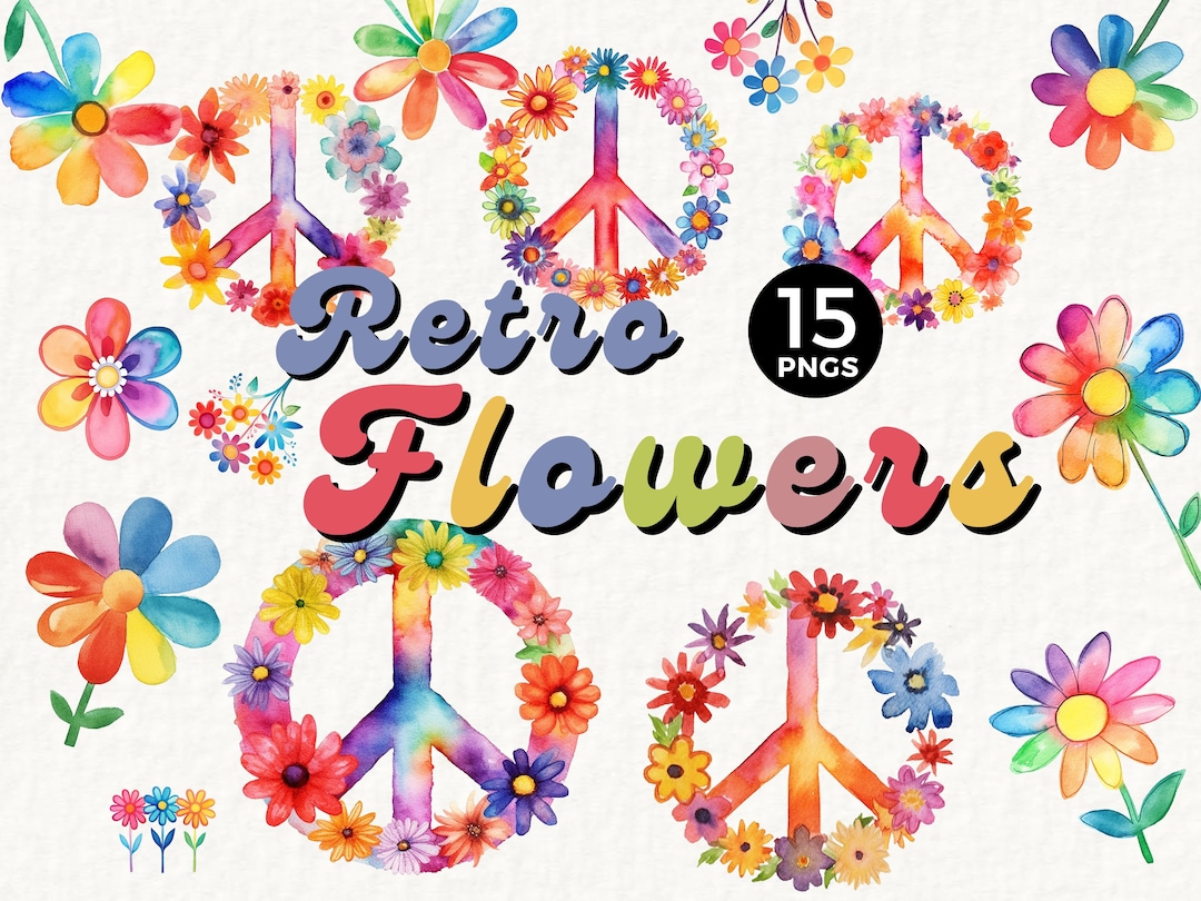 Retro Flower Clipart, 15 Groovy Vibes Pngs, Daisy Clipart, Peace Sign ...