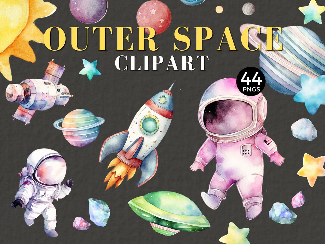 Outer Space Clipart, Little Astronaut Watercolor, Rocket Ship, Moon ...