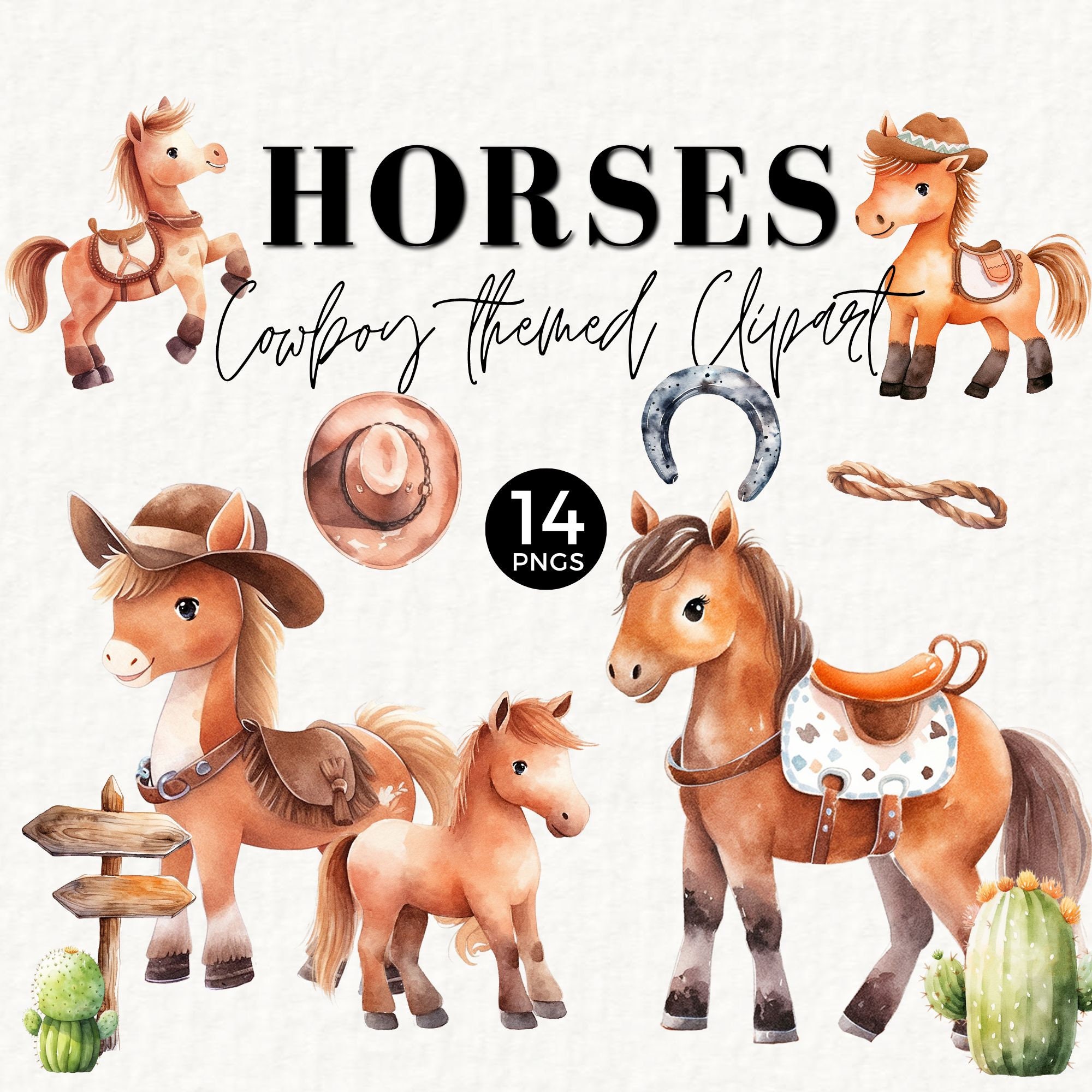 Cute Cowboy Horses Clipart, Watercolor Western Themed, Ranch, Cactus ...