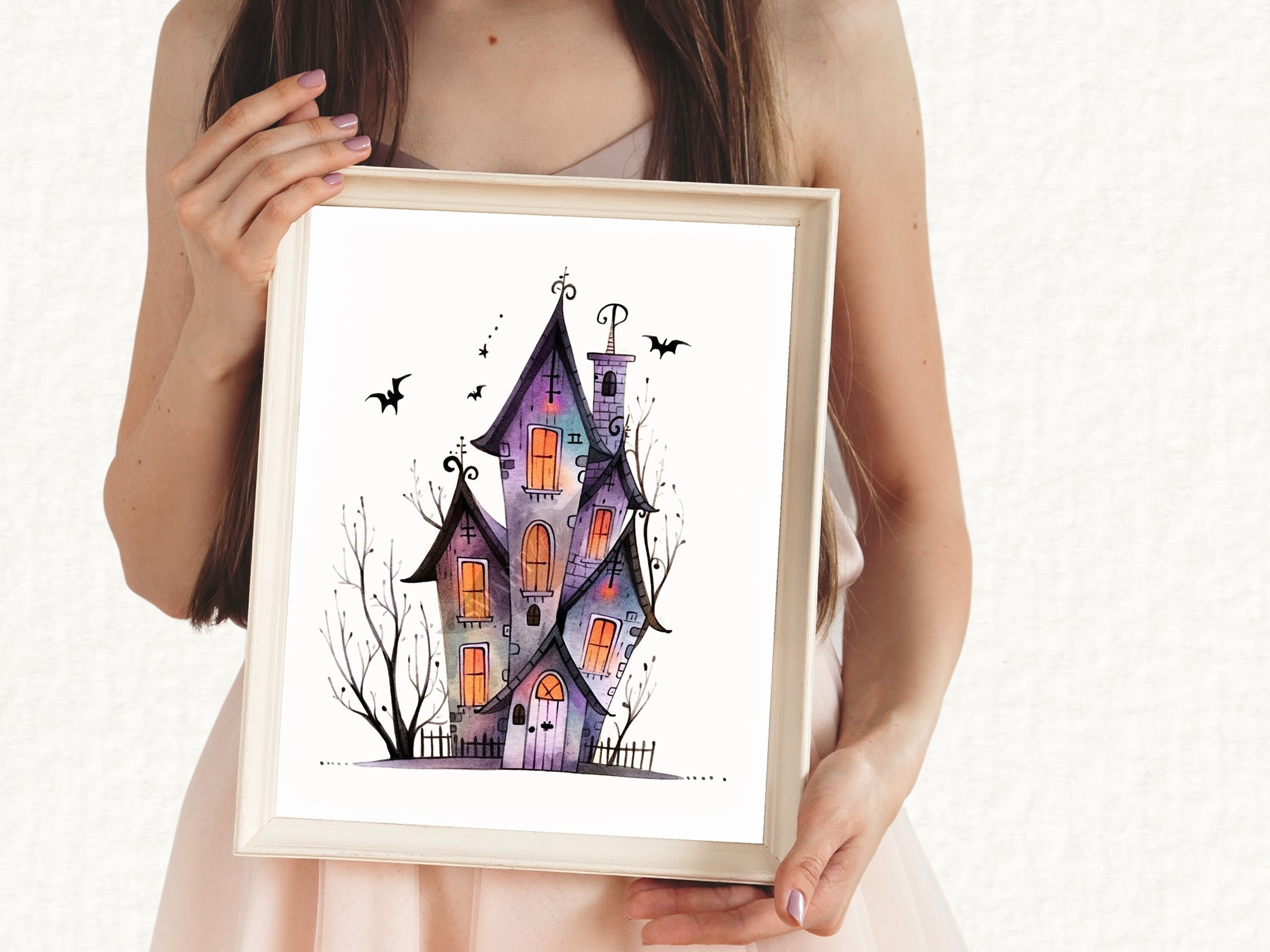 Spooky Halloween Haunted House Clipart, Watercolor, Commercial Use ...