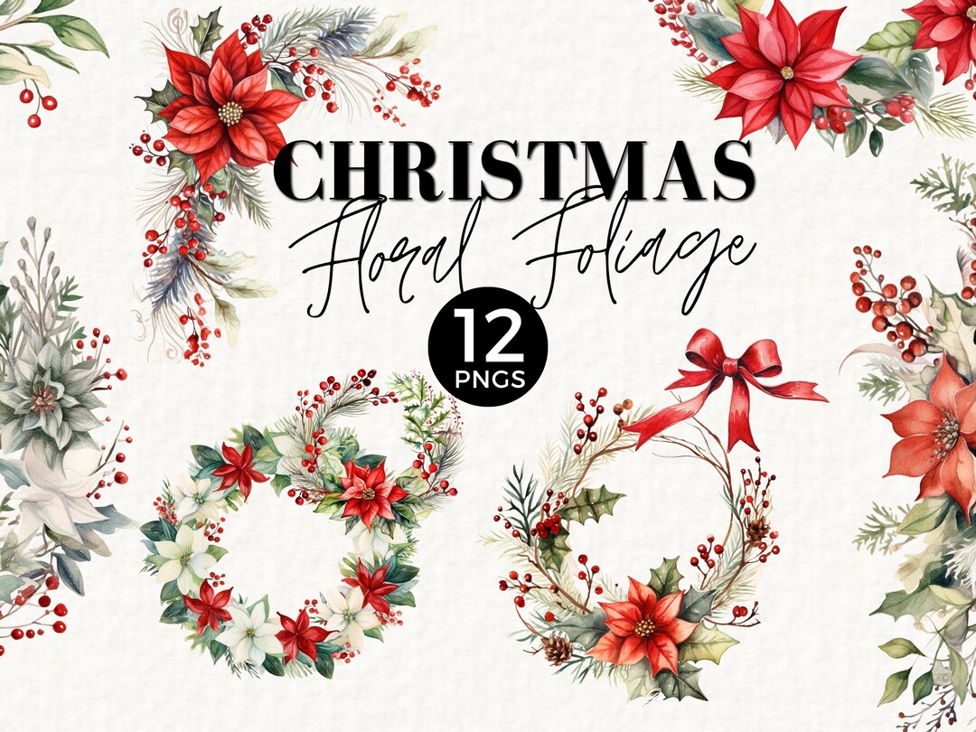 Watercolor Christmas Wreath Clipart, Red Green Xmas Bouquets PNG ...