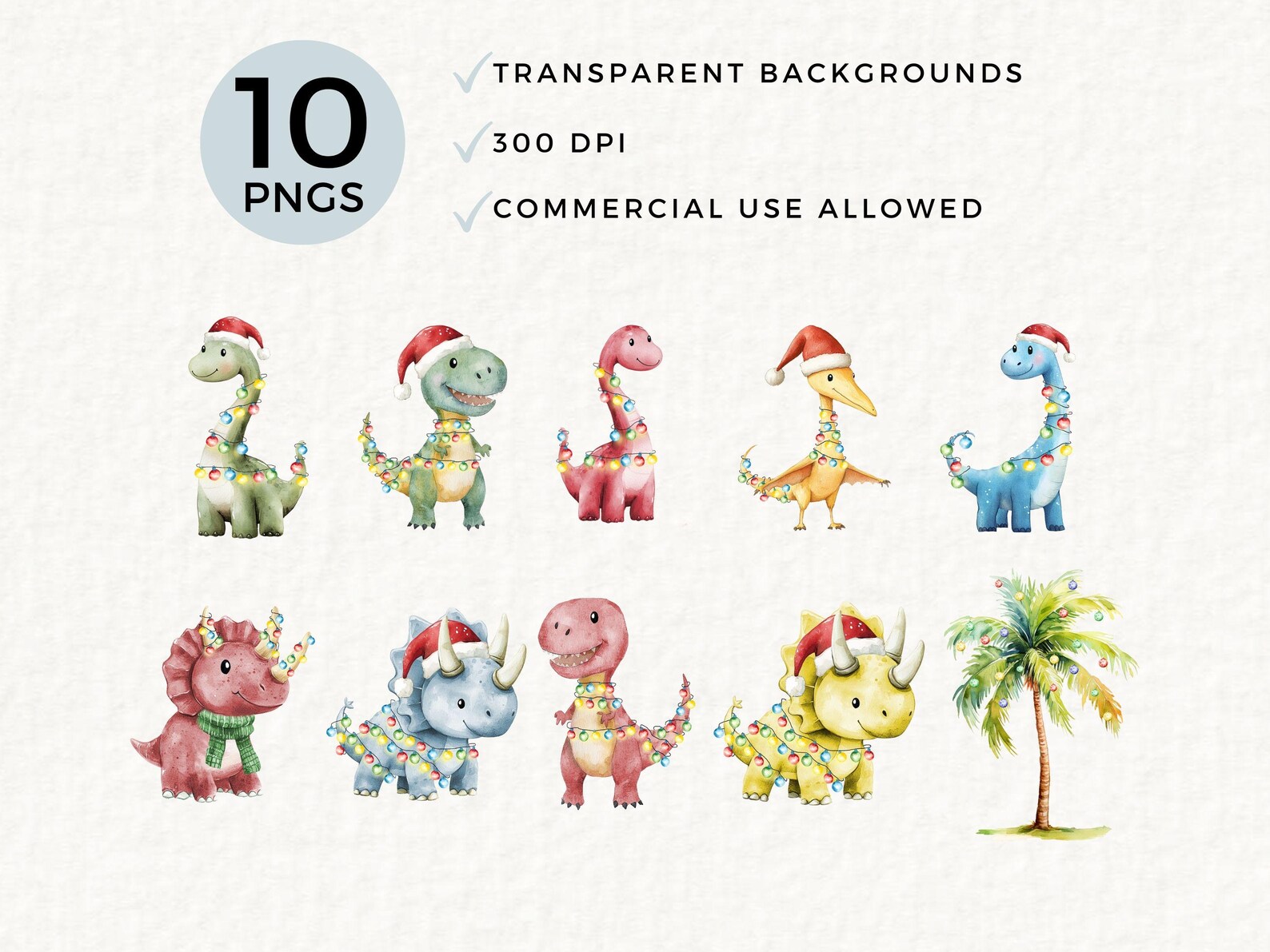 Christmas Dinosaur Clipart, Cute PNG, Wrapped Xmas Lights, Watercolor ...