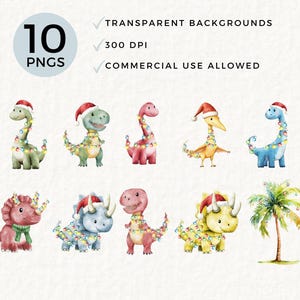 Christmas Dinosaur Clipart, Cute PNG, Wrapped Xmas Lights, Watercolor ...