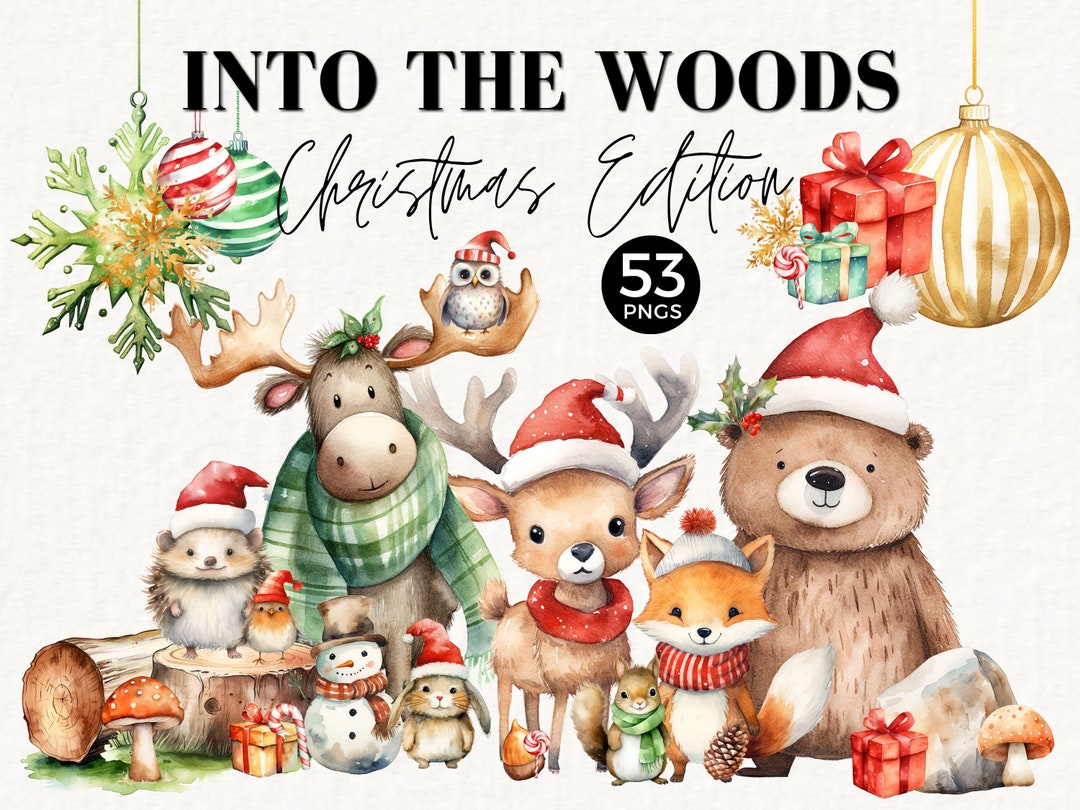 Woodland Christmas Clipart, Watercolor Winter, Cute Forest Animal ...