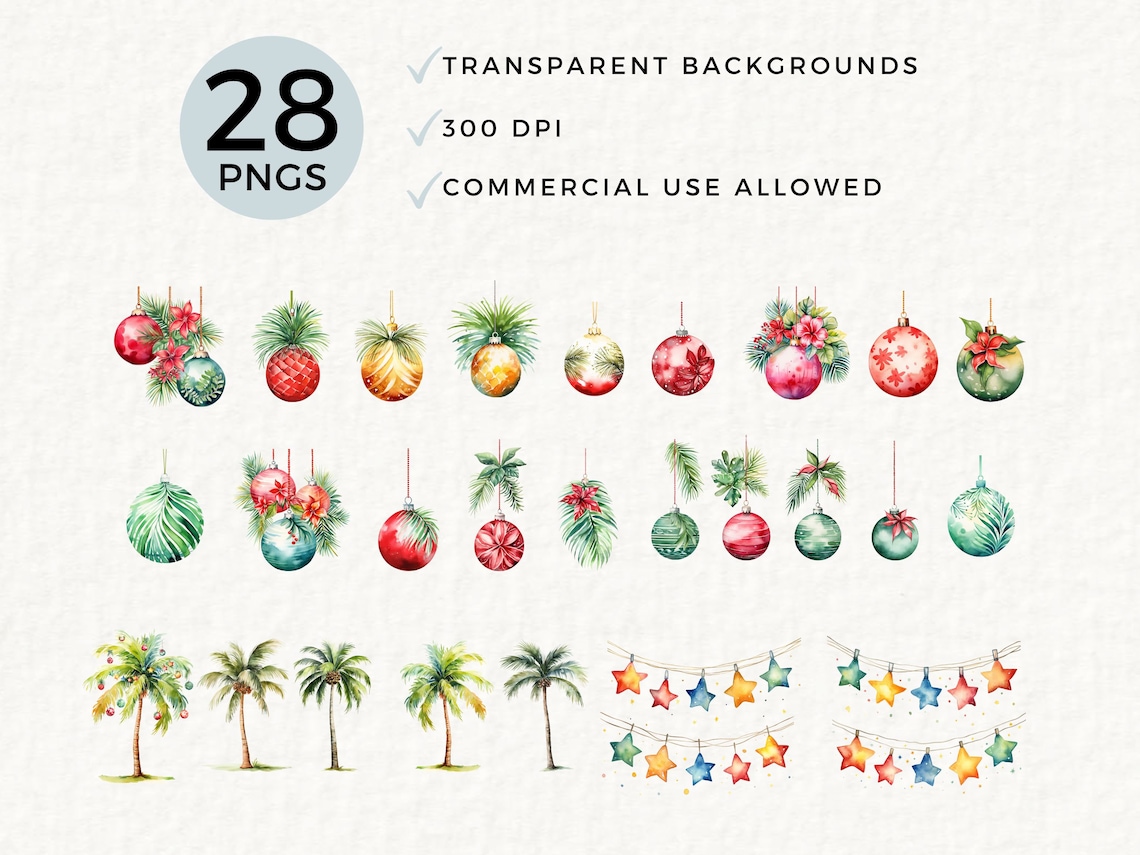 Beach Christmas Clipart, Tropical Xmas PNG, Palm Tree Watercolor ...