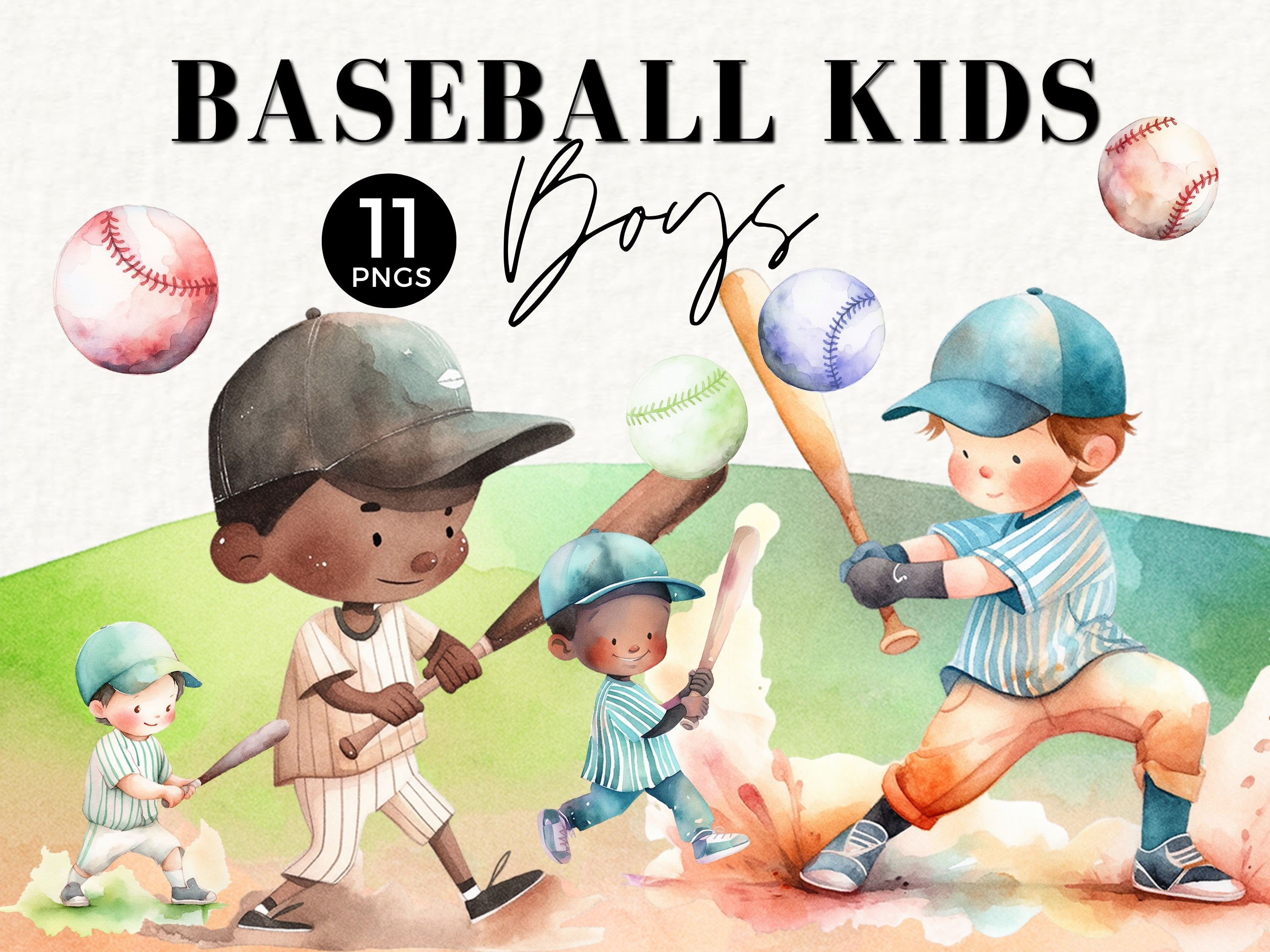 Baseball Watercolor Clipart, Kids Playing Baseball, Boys Baseball PNG ...