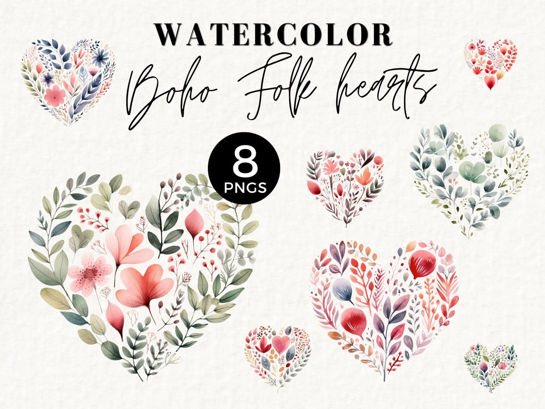Watercolor Heart Wreath Clipart, Boho, Valentine's Graphics, Bohemian ...