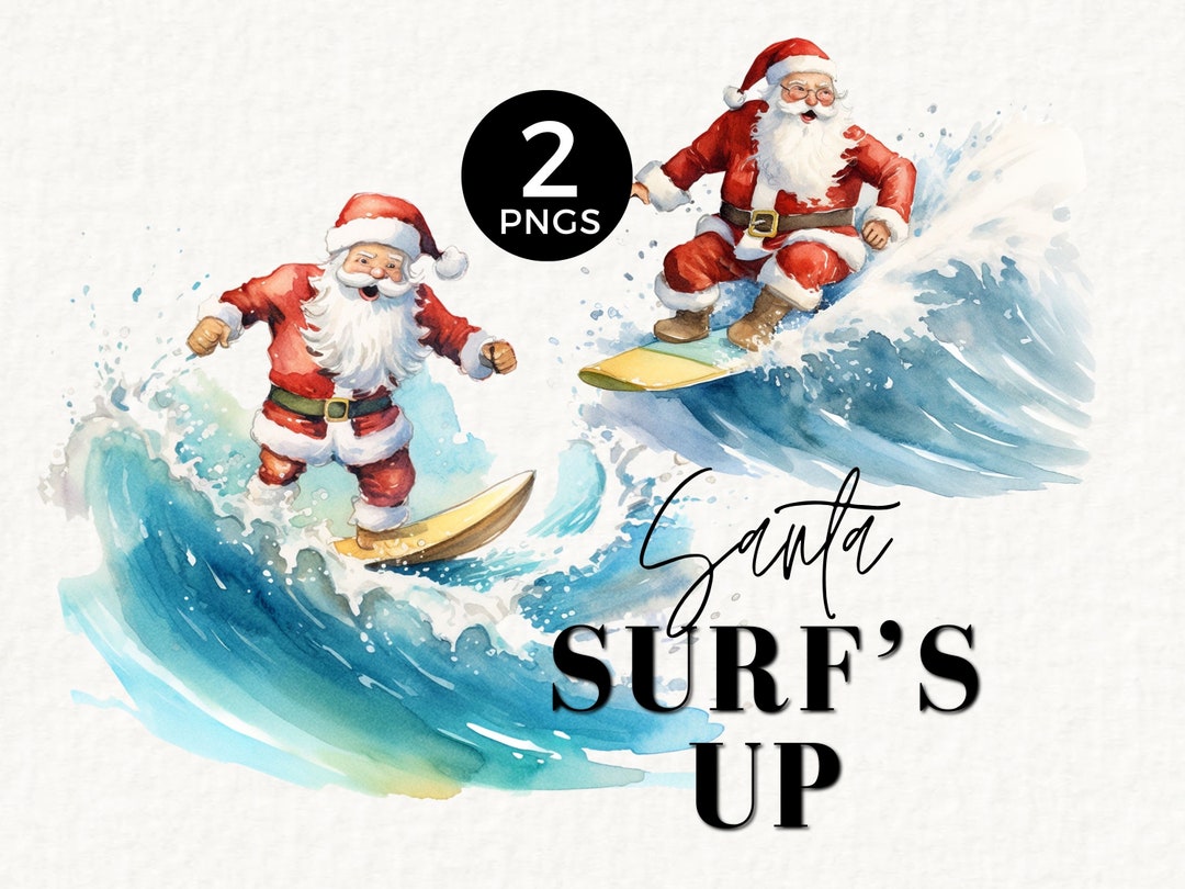 Santa on the Beach Clipart, Surfing Santa, Summer, Tropical Xmas PNG ...