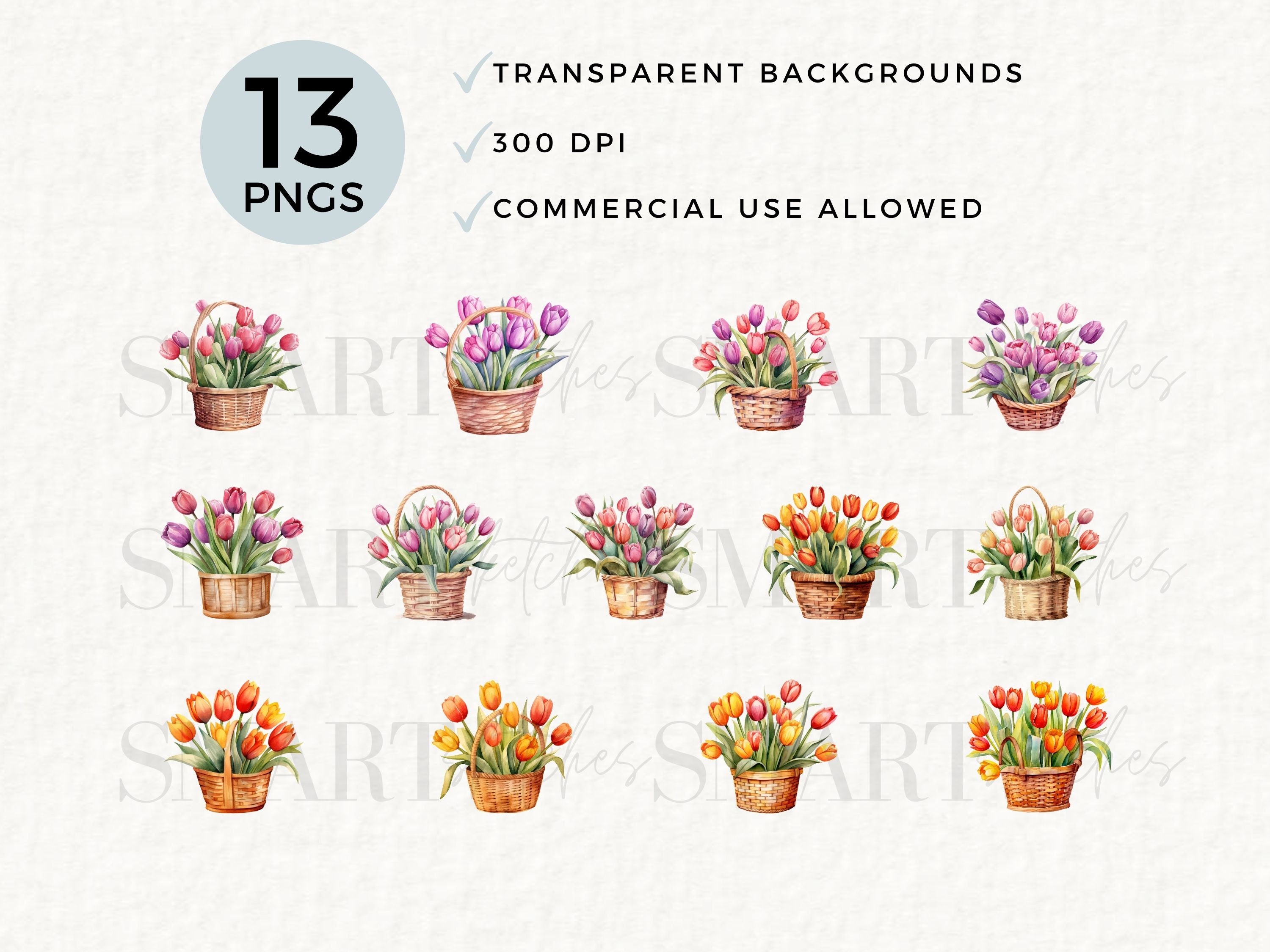 Watercolor Tulip Clipart, Bright Spring Flowers, Easter Basket, Bridal ...